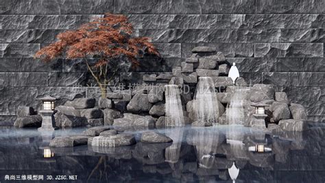 新中式假山水景 跌水景观 叠水 石头 枫树 禅意景观SU模型 假山SU模型
