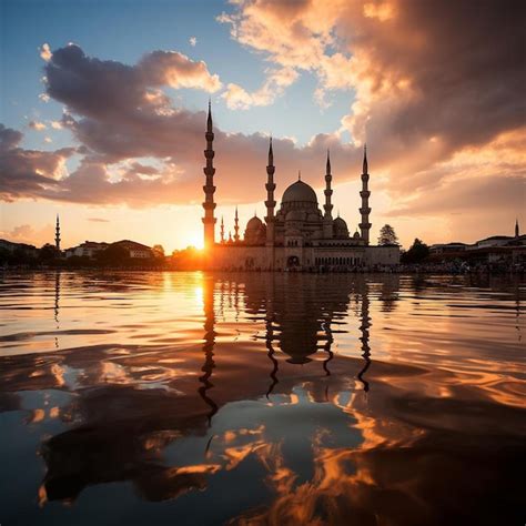 La silueta de la puesta de sol serenata de la mezquita islámica foto