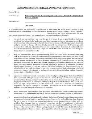 Fillable Online ACKNOWLEDGEMENT RELEASE AND WAIVER FORM Fax Email