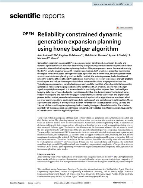 pdf reliability constrained dynamic generation expansion planning using honey badger algorithm
