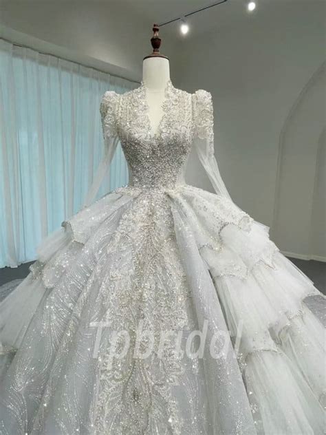 Dusty Blue Wedding Dress V Neck Long Sleeve Princess Bridal
