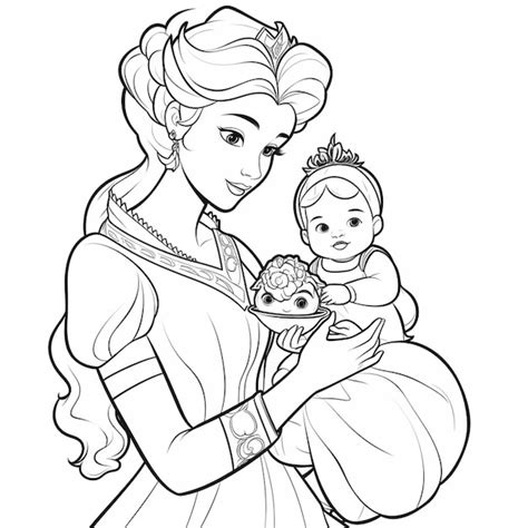 Una página para colorear de una princesa sosteniendo un bebé ai