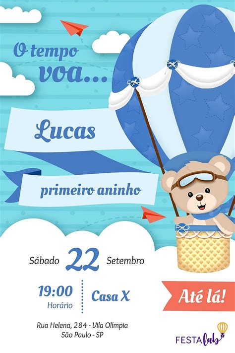 Criar convite de aniversário Convite Urso Baloeiro FestaLab