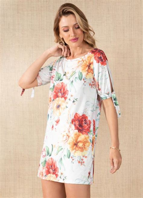 Vestido Floral Branco Amarração nas Mangas Quintess