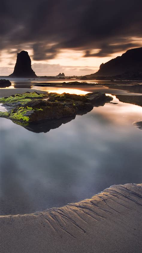 Tidal Pool On Sandy Beach At Sunset Tenerife Canary Islands Spain