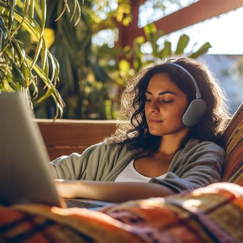 Premium AI Image A Woman Laying On A Bed With Headphones On Her Head