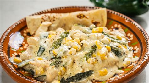RAJAS POBLANAS CON POLLO Roasted Poblano Peppers In A Cream Sauce With