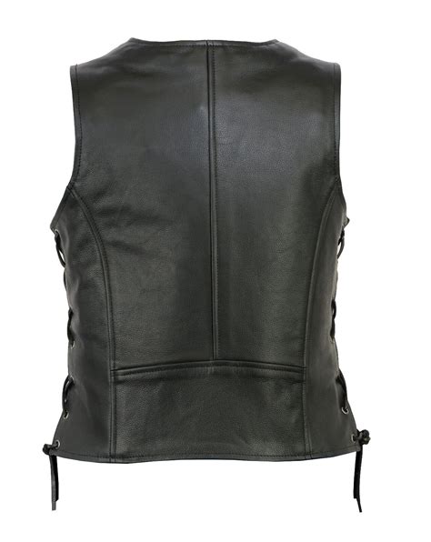 Womens Motorcycle Leather Vest Genuine Cowhide Leather Black Concealed