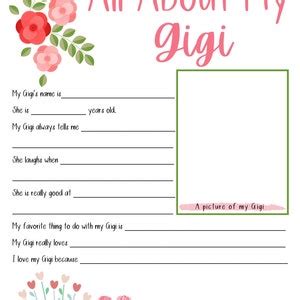 All About My Gigi Mother S Day Questionnaire Grandma Survey