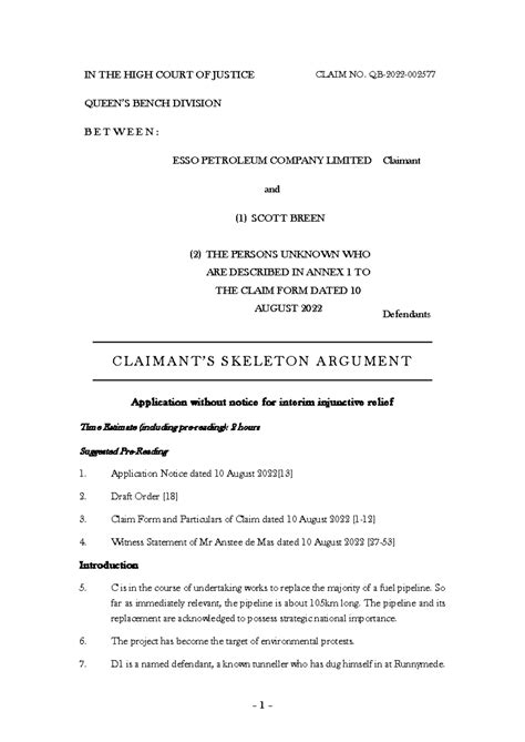 Claimants Skeleton Argument IN THE HIGH COURT OF JUSTICE CLAIM NO QB