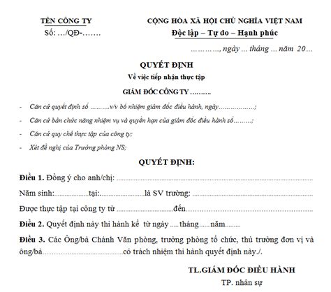 Cách Viết Mẫu Quyết Định Tiếp Nhận Thực Tập Sinh Mới Nhất