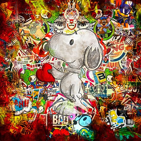 Snoopy Street Art Doing Graffiti Holding Spray Can With Heart Painting