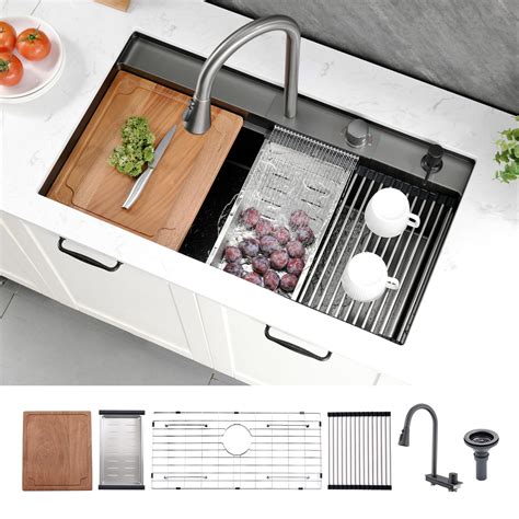 33 Inch Black Undermount Kitchen Sink Waterfall Workstation BoomHoze