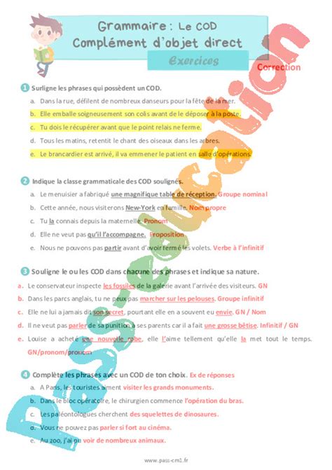 Le COD Complément dobjet direct Exercices de grammaire pour le cm1