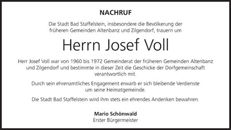 Josef Voll Traueranzeige Trauer InFranken De