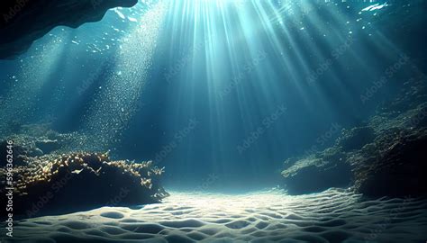 Underwater Background Deep Blue Sea And Beautiful Sun Ray Under Sea Ai