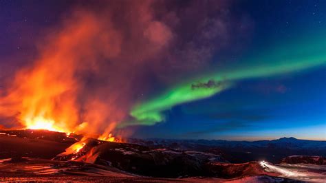 Aurora Northern Lights Aurorae Volcano Nature Sky Hd Wallpaper