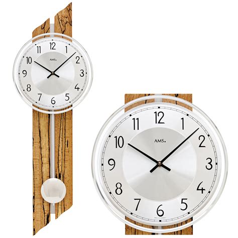 AMS Quarz analog Wanduhr mit Pendel Holz Eisbirke Optik und Aluminium ッ