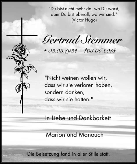 Traueranzeigen Von Gertrud Stemmer Trauer In NRW De
