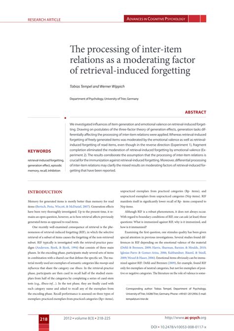 pdf the processing of inter item relations as a moderating factor of retrieval induced forgetting