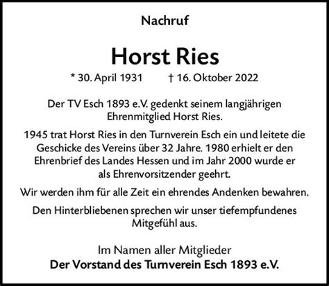 Traueranzeigen Von Horst Ries Vrm Trauer De