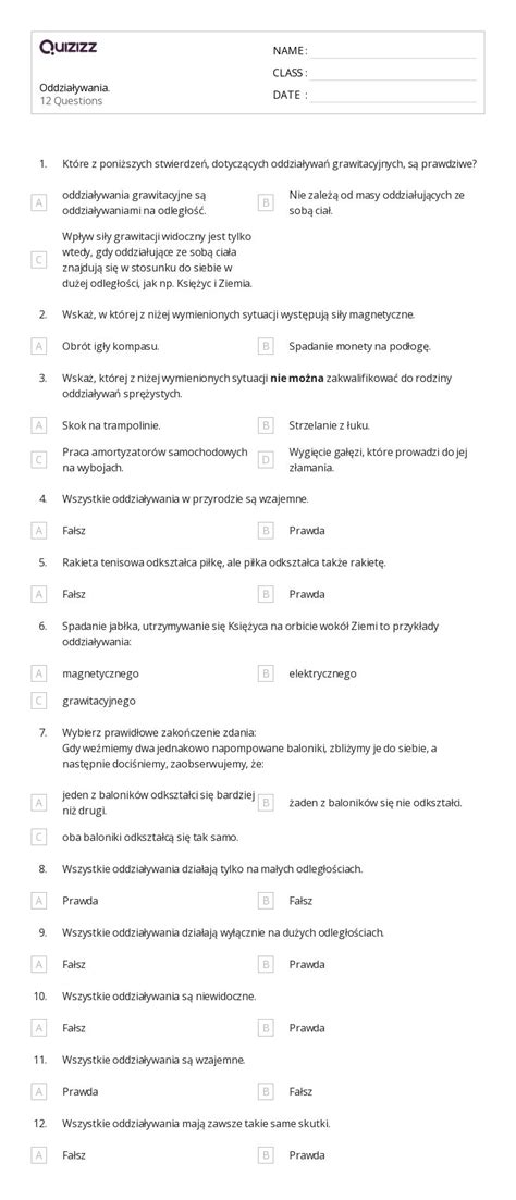 Ponad 50 Siły i oddziaływania arkuszy roboczych dla Klasa 7 w Quizizz