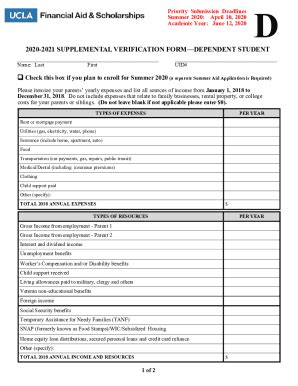 Fillable Online 2020 2021 Supplemental Verification Form Dependent
