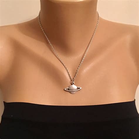 Antique Silver Planet Saturn Necklace Pendant Black Leather Cord Choker
