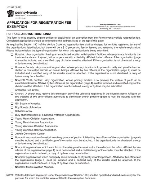 PA DMV Form MV 549 Application For Registration Fee Exemption Forms