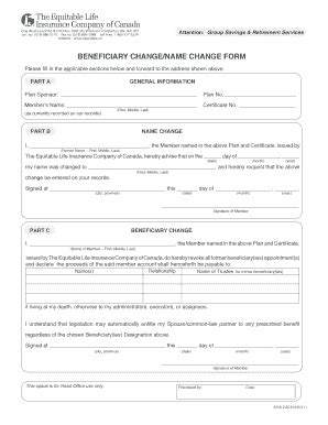 Fillable Online Beneficiary Change Name Change Form Equitable Life Of