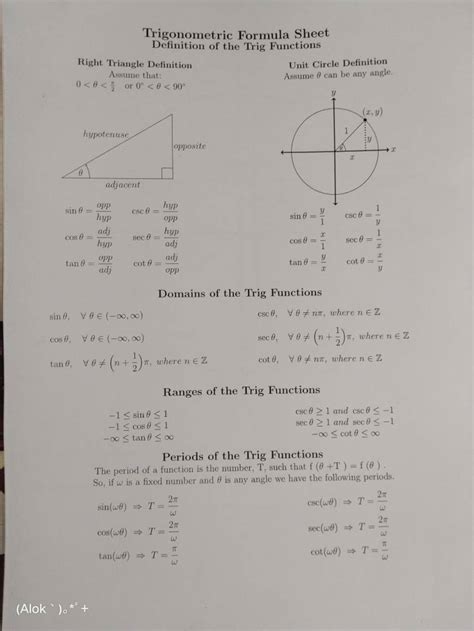 Trigonometric Formula Sheet Definition Of The Trig Functions Right Triang