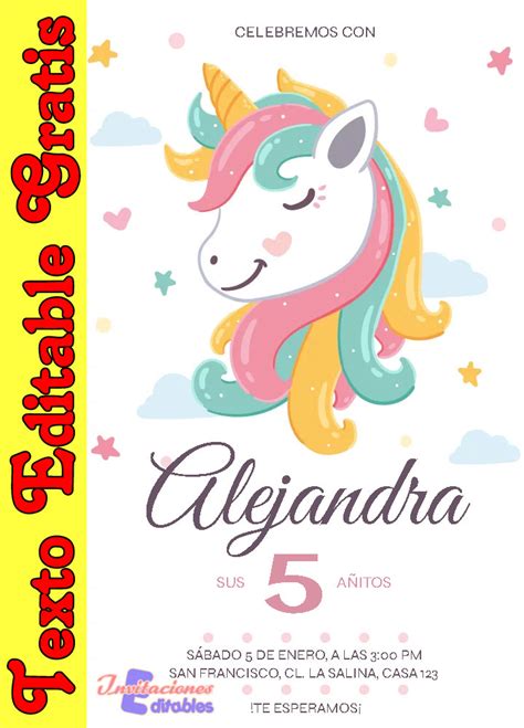 Invitación de Unicornio 01 Gratis Invitaciones Editables 2024