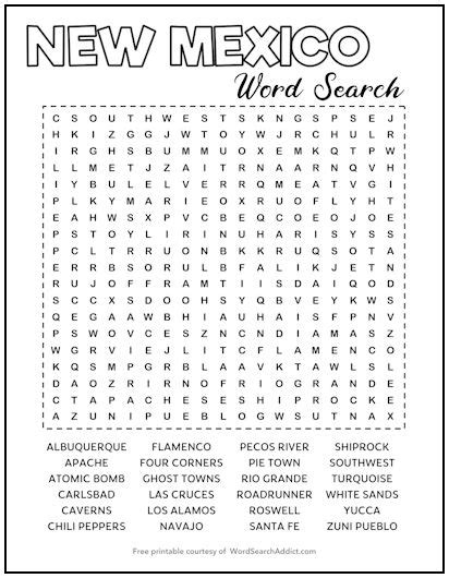 New Mexico Printable Word Search Puzzle Word Search Addict