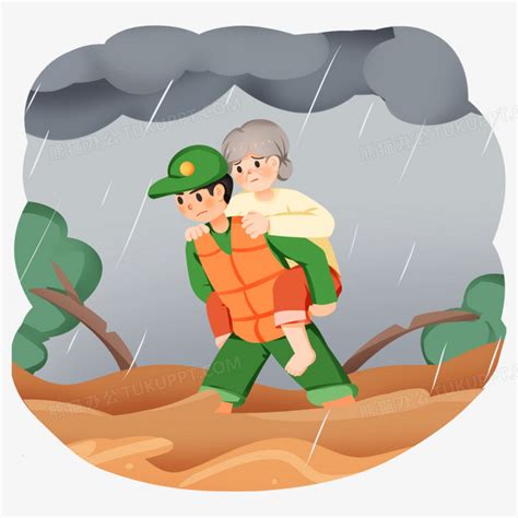 手绘卡通抗洪救灾之救人背着老奶奶免抠PNG图片素材下载 手绘PNG 熊猫办公