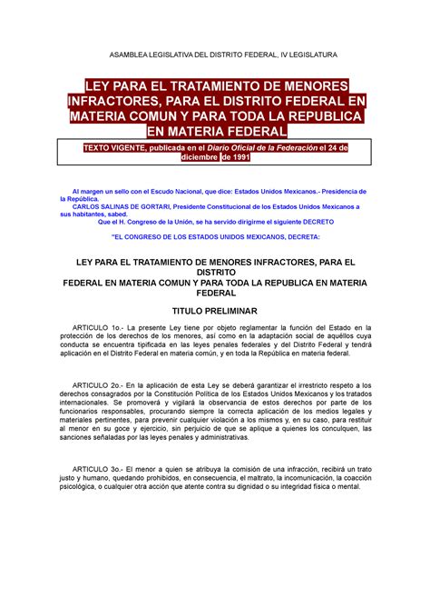 LEY PARA EL Tratamiento DE Menores Infractores ASAMBLEA LEGISLATIVA