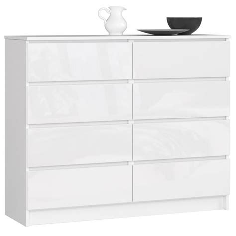 Commode AKORD K120 Blanche 120 cm 8 tiroirs façade Blanche Brillante