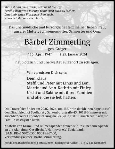 Traueranzeigen von Bärbel Zimmerling trauer anzeigen de