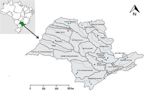 Mapa do Estado de São Paulo delimitando as sub bacias hidrográficas e a