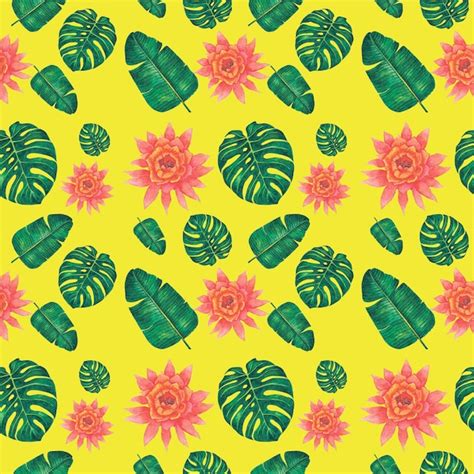 Premium Photo Monstera With Flowers Seamless Pattern Watercolor