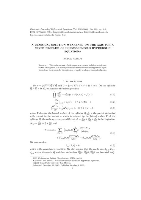 pdf a classical solution weakened on the axis for a mixed problem of inhomogeneous hyperbolic