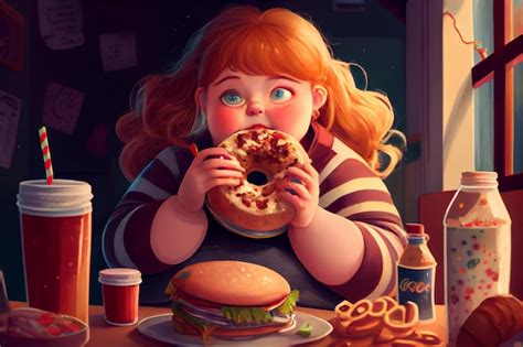 Um Desenho Animado De Uma Garota Gorda Comendo Um Bagel Foto Premium
