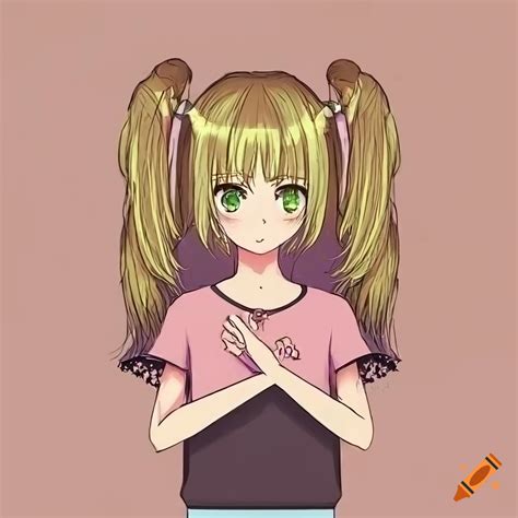 Anime Girl With Blonde Hair Green Eyes Wearing A Light Pink Sleeveless T Shirt And Crossed
