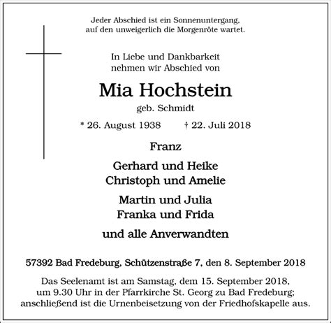 Traueranzeigen Von Mia Hochstein Trauer In NRW De