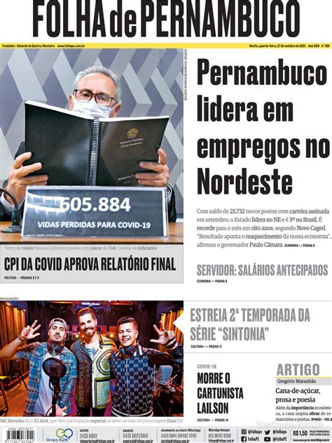 Capa Folha De Pernambuco Edi O Quarta De Outubro De
