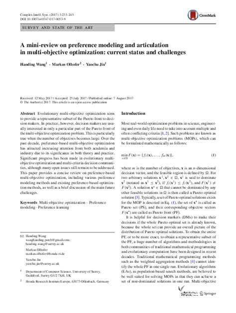 pdf a mini review on preference modeling and articulation in multi objective optimization