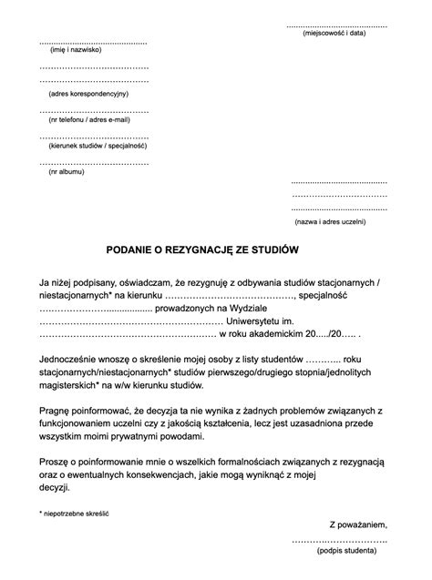 Podanie o rezygnację ze studiów Wzór Wzory Pisma pl