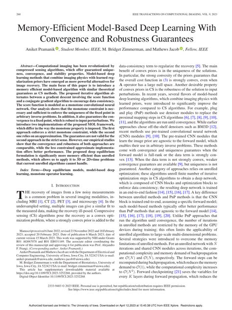 pdf memory efficient model based deep learning with convergence and robustness guarantees