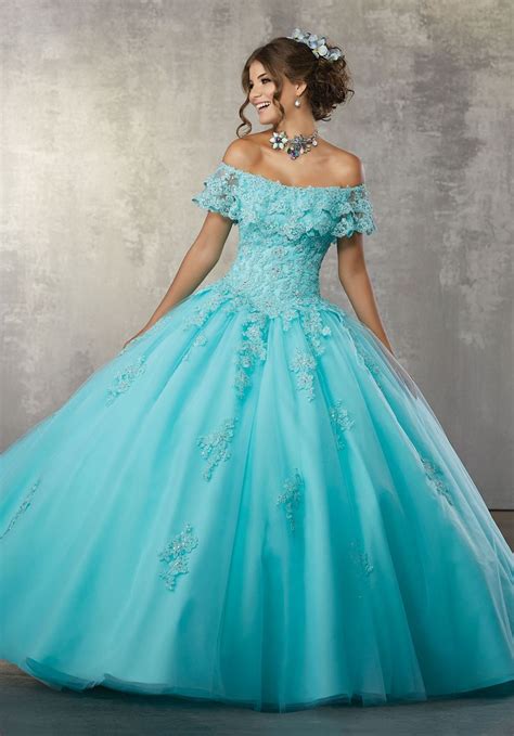 Beaded Lace Appliqués on a Tulle Ballgown with Flounced Neckline