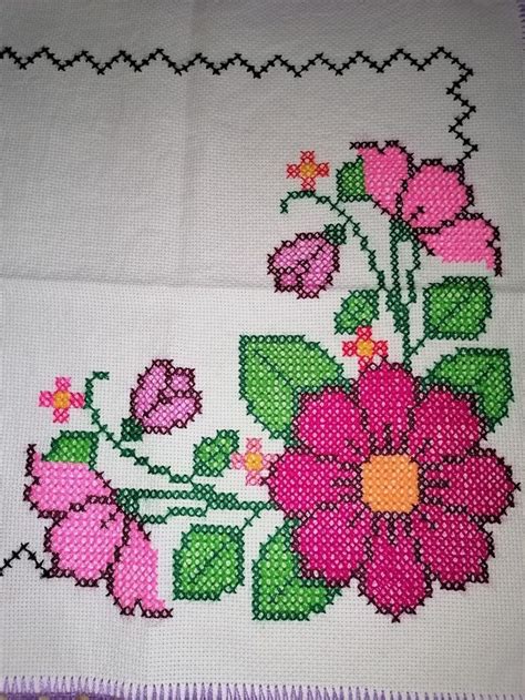 Cross Stitch Pattern Pink Flowers And Green Leaves