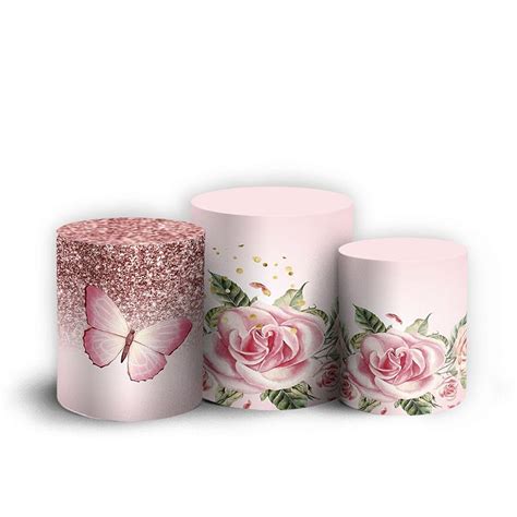 Trio Cilindro Borboleta Rosa Sublimado 3D Elástico Sublitex